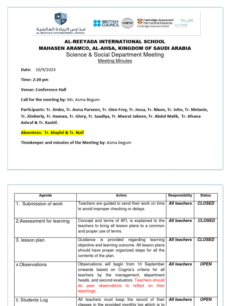 Sci-&-S.s.-2nd-Dept-Meeting-Minutes - Sept-3 - 2023 | PDF | Career & Growth