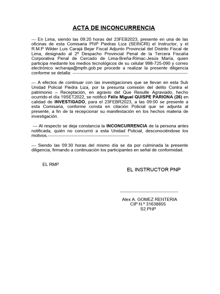 Acta de Inconcurrencia Policial GR | PDF