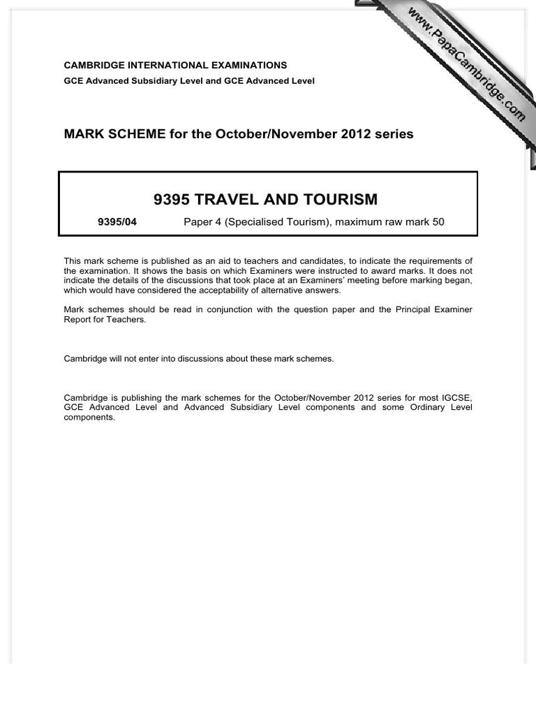 9395 Travel and Tourism: MARK SCHEME For The October/November 2012 ...