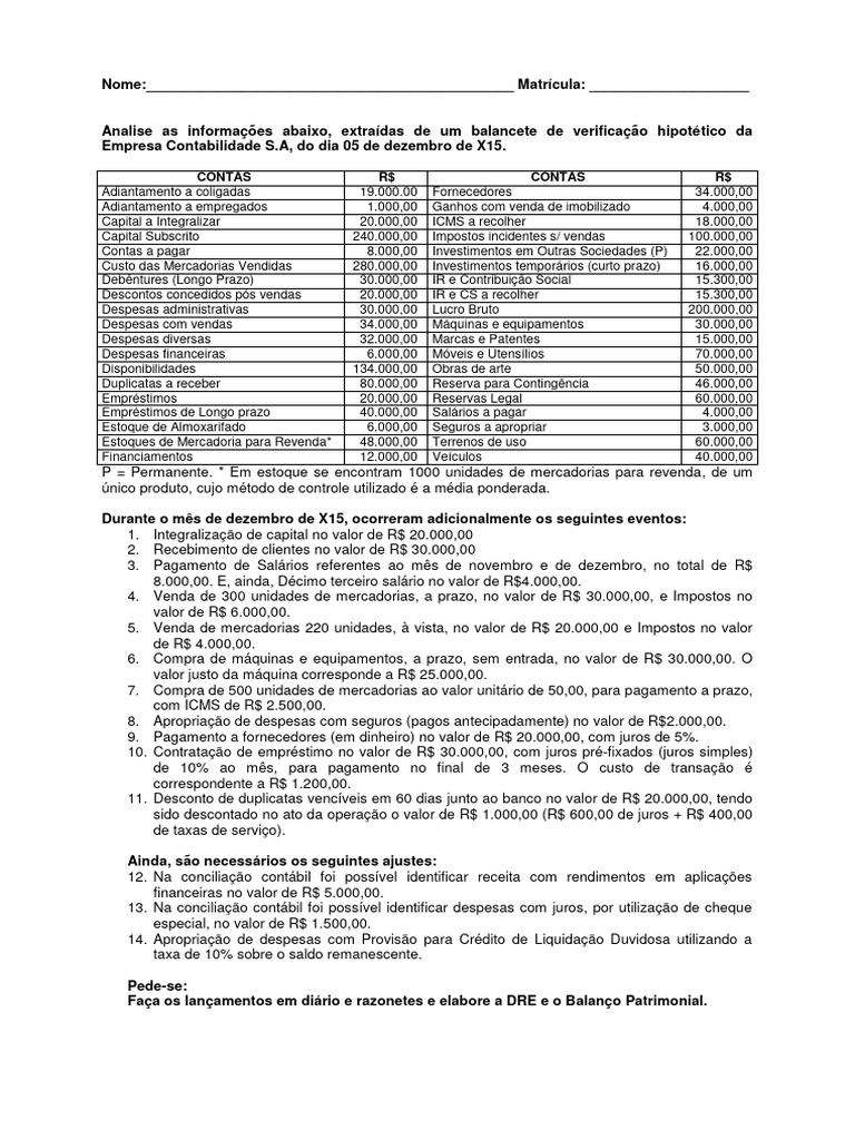 Exercício 1 - PCLD - BP - Dre - of | PDF | Juros | Empréstimos