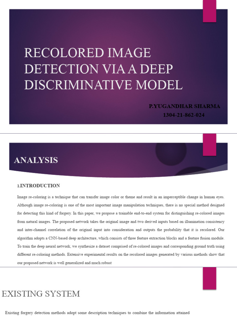 Recolored Image Detection Via A Deep Discriminative Model: P.Yugandhar Sharma 1304-21-862-024 ...