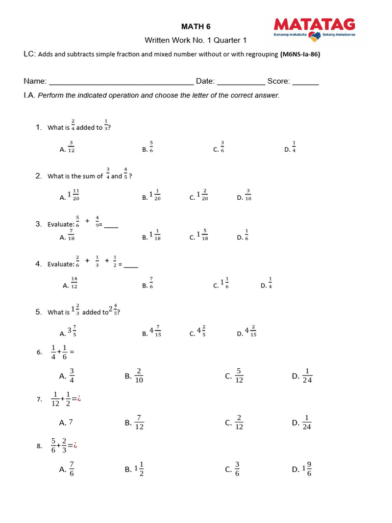 Written Work No. 1-MATH 6 | PDF