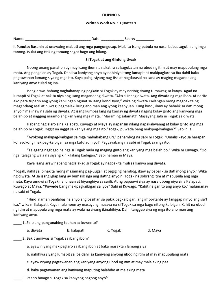 Written Work No. 1 FILIPINO 6 | PDF