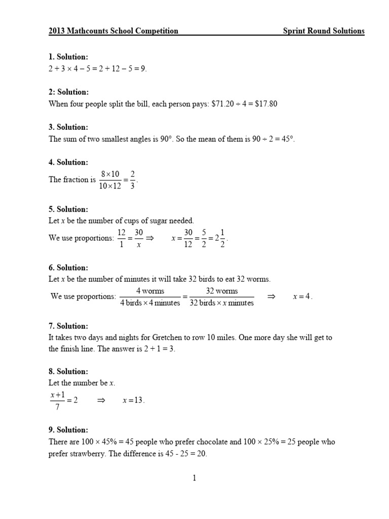 2013 Mathcounts School Solutions | PDF | Area | Circle
