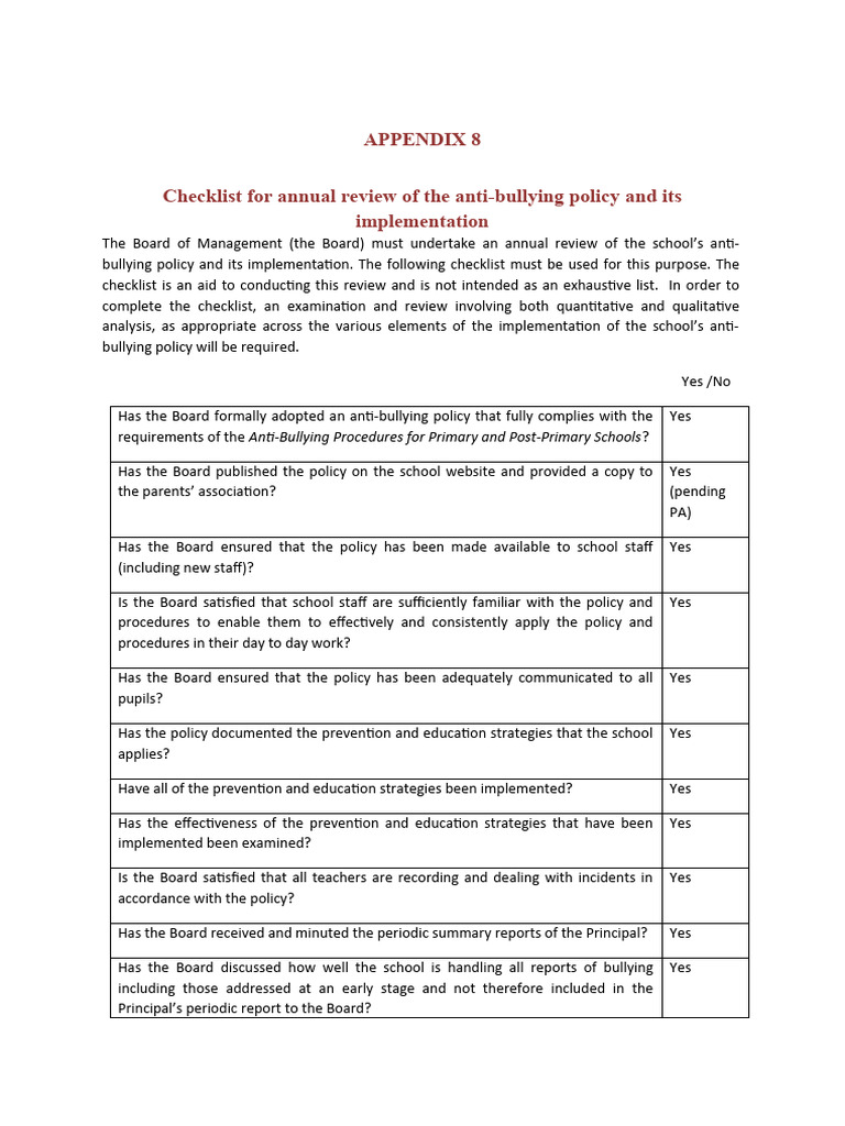 APPENDIX 8 Anti Bullying Checklist | PDF
