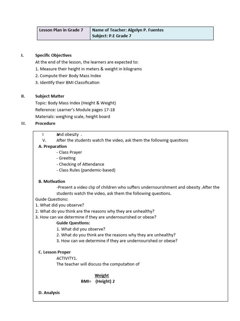 Lesson Plan in Grade 7 BMI | PDF | Body Mass Index | Obesity