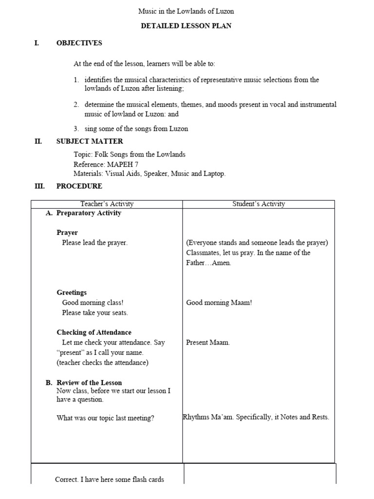 Music in The Lowlands of Luzon Detailed Lesson Plan Music 7 | PDF ...