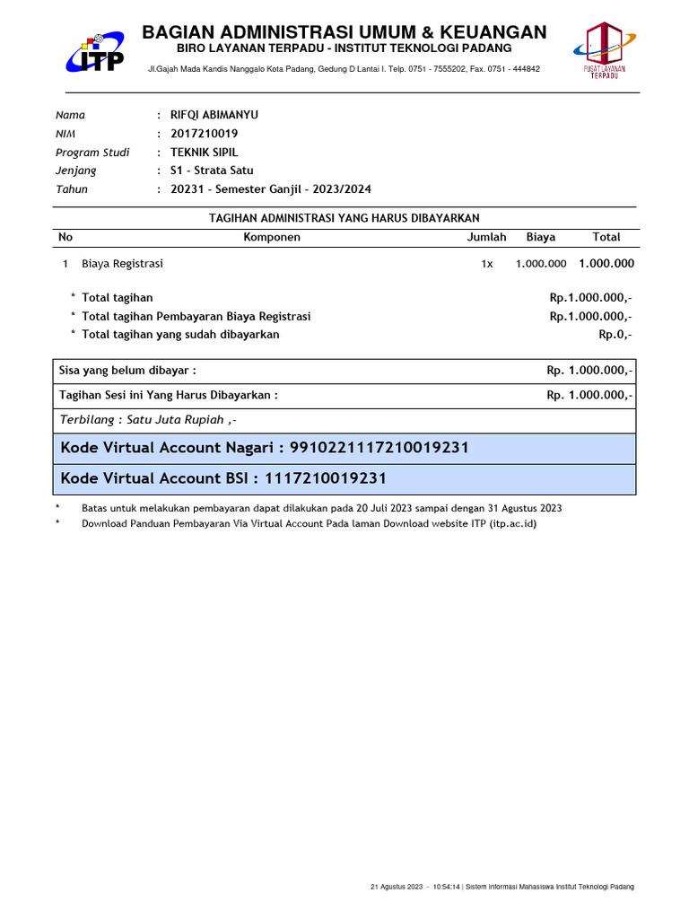 Tagihan Registrasi Mahasiswa | PDF