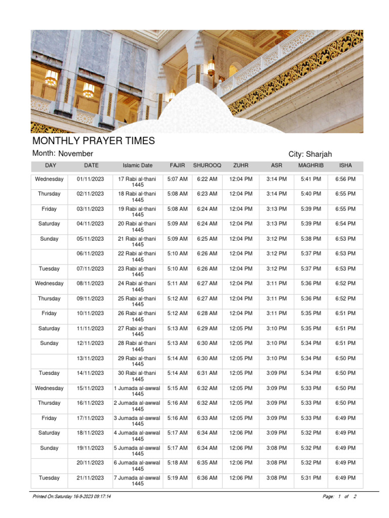 November 2023 Prayer Times Sharjah | PDF | Prayer | Semitic Words And ...