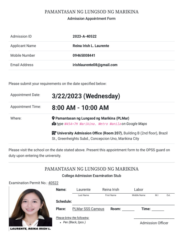 PLMar Admission Form | PDF