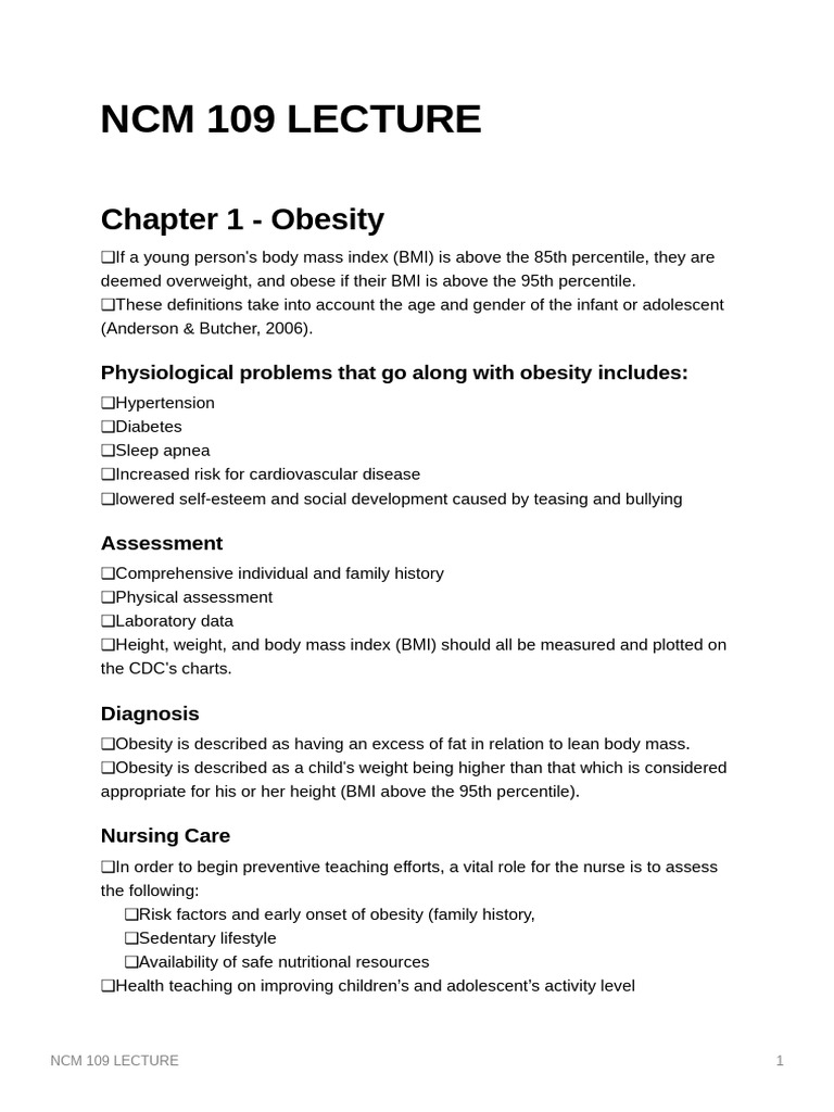 NCM 109 Lecture | PDF | Meningitis | Obesity NCM 109 Lecture | PDF | Meningitis | Obesity
