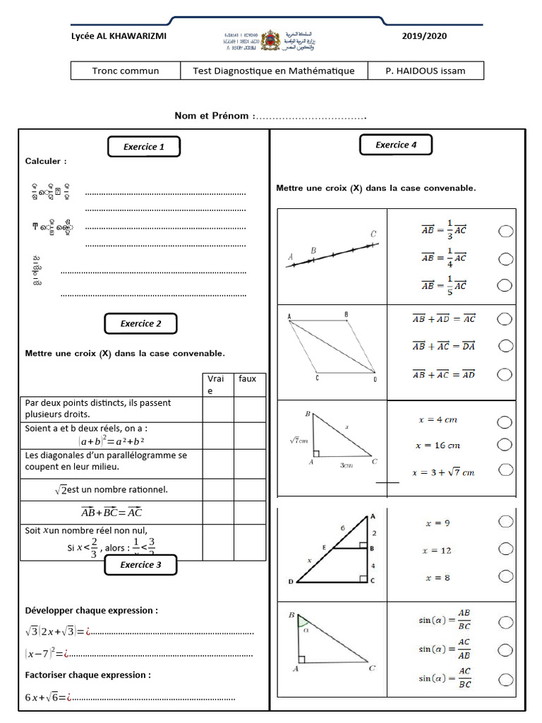 Evaluation Diagnostique Maths Tronc Commun Sciences Word 11 | PDF