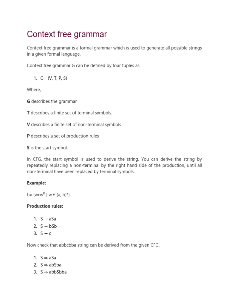 Context Free Grammar: 1. G (V, T, P, S) | PDF | Parsing | Linguistics