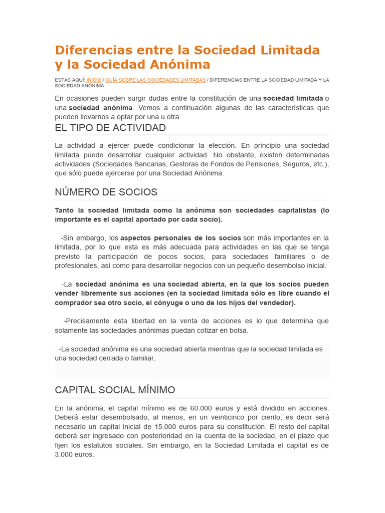 Diferencias Entre La Sociedad Limitada y La Sociedad Anónima | PDF | Sociedad | Negocios económicos
