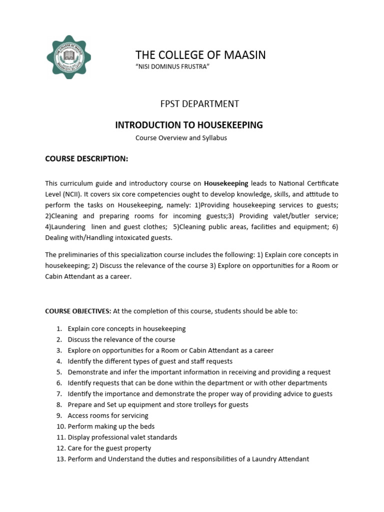 Housekeeping Course Syllabus NCII | PDF | Housekeeping | Laundry