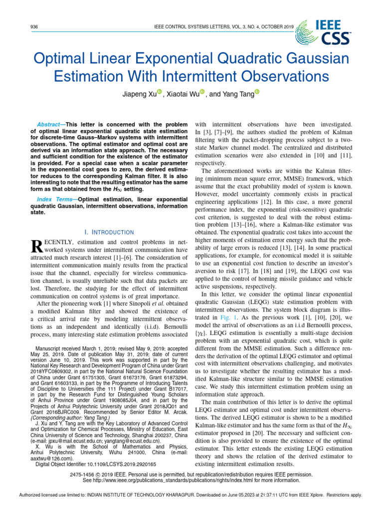 Optimal Linear Exponential Quadratic Gaussian Estimation With Intermittent Observations | PDF