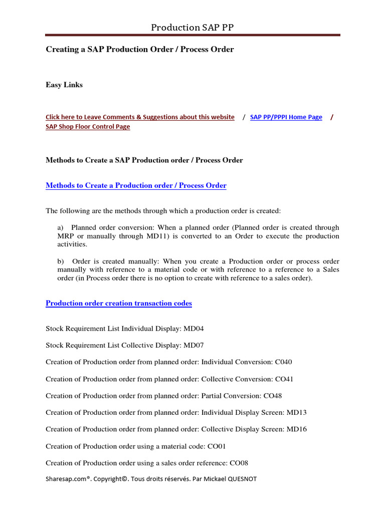 Creating A SAP Production Order - Process Order | PDF