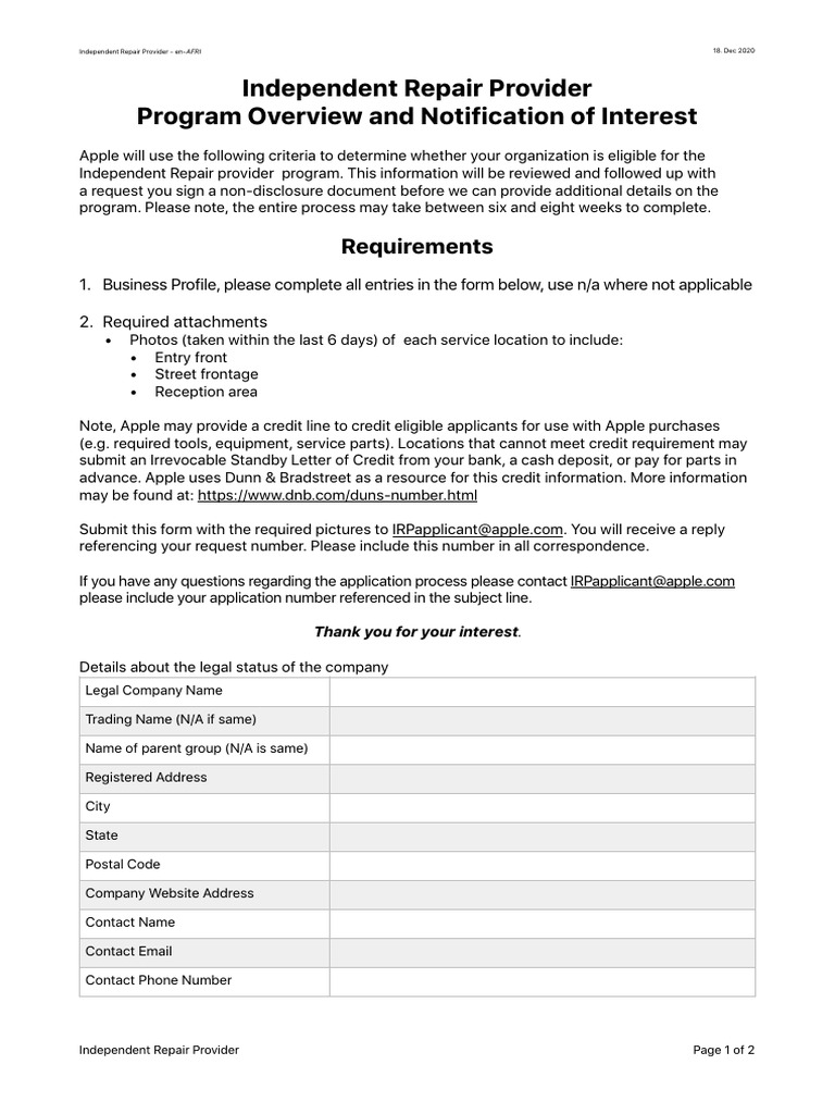 Independent Repair Provider Notification of Interest Application Form ...