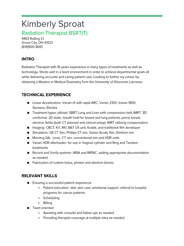 Resume Current | PDF | Radiation Therapy | Medical Treatments