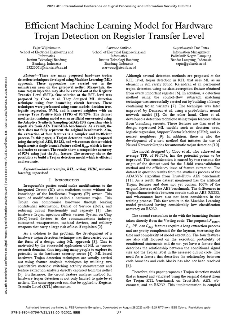 Efficient Machine Learning Model For Hardware Trojan Detection On ... Efficient Machine Learning Model For Hardware Trojan Detection On ...