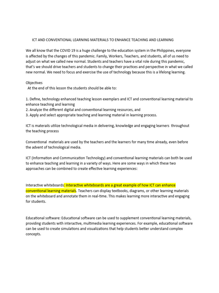 Ict and Conventional Learning Materials To Enhance Teaching and ...