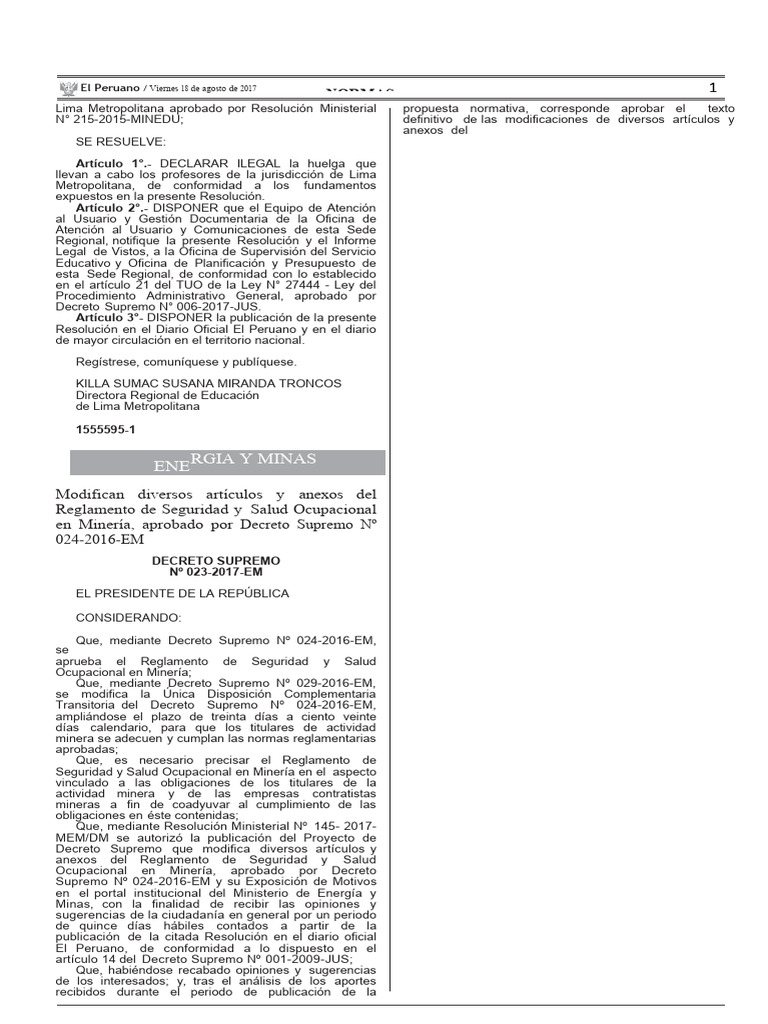 DS 023 - 2017 EM - Modificatoria Del DS 024 Minería | PDF | Minería | Seguridad y salud ocupacional