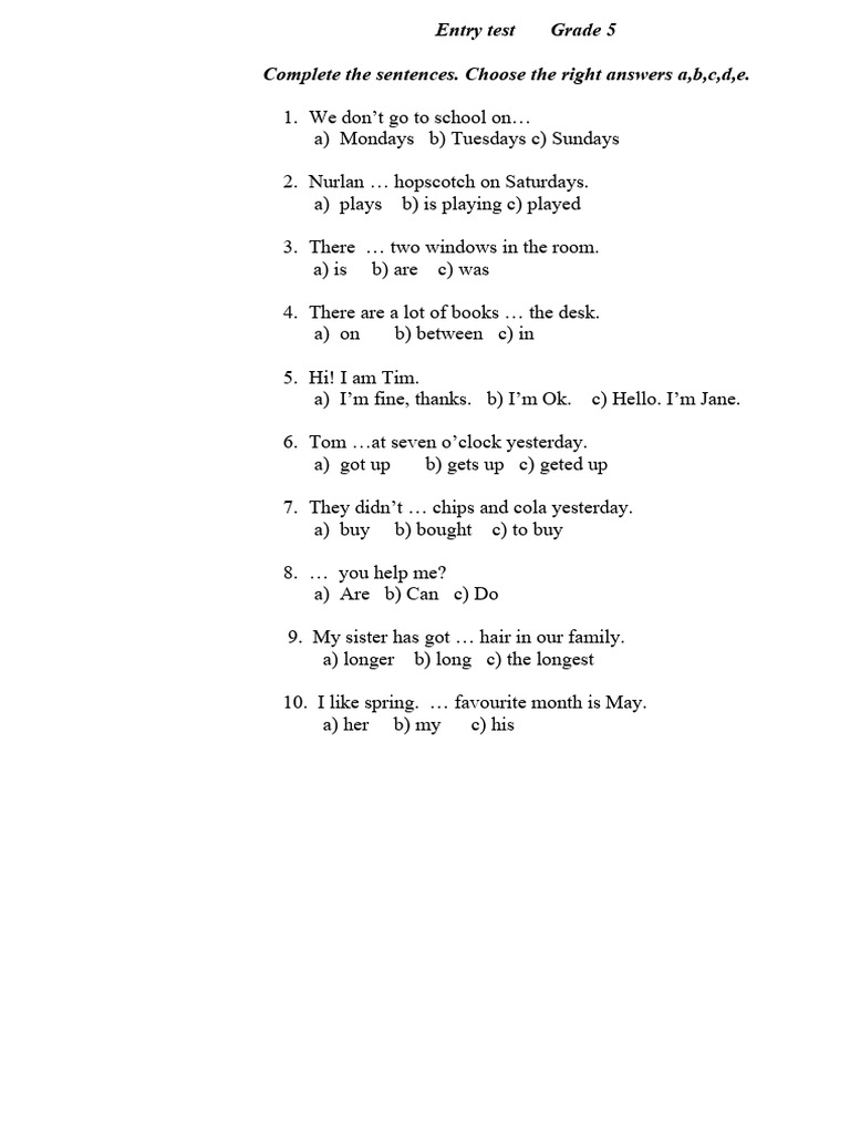 Entry Test Grade 5 2023 | PDF
