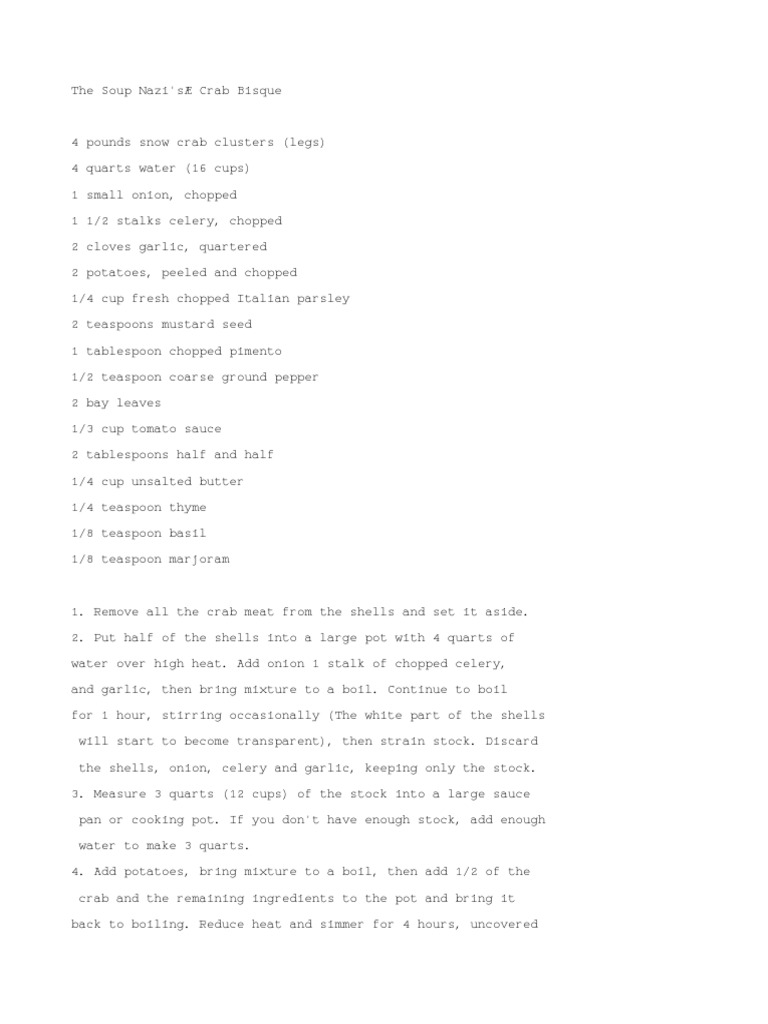 Soup Nazi's Crab Bisque Recipe | PDF | Cooking, Food & Wine