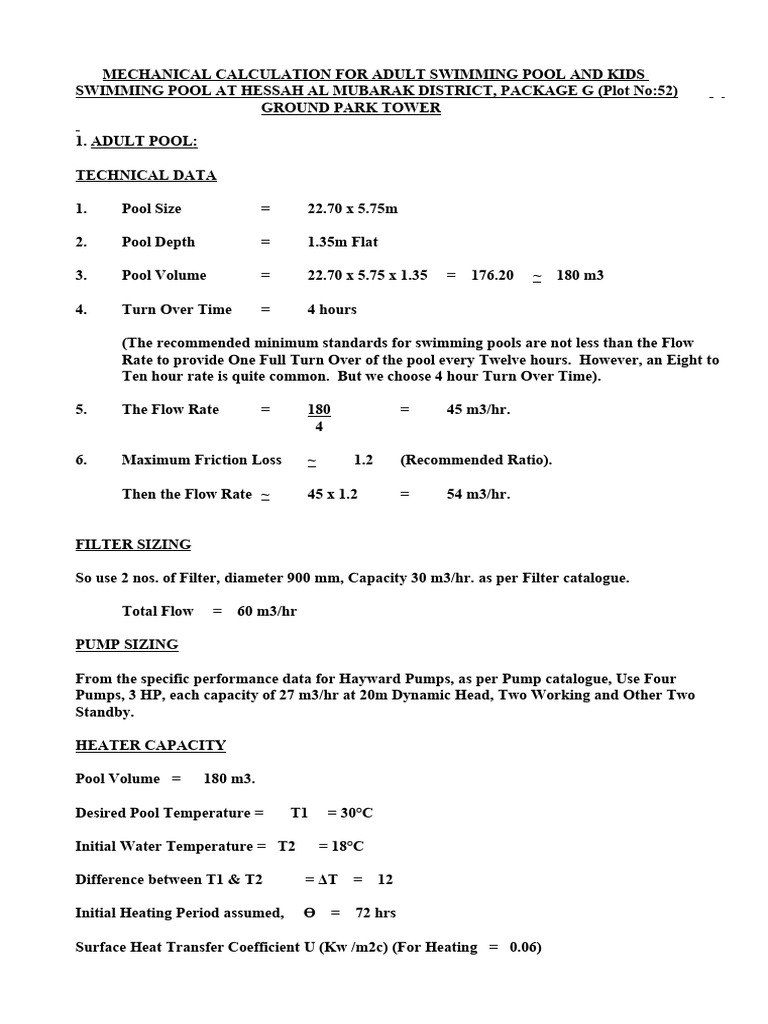 Mechanical Calculation For Swimming Pool at Hessah Al Mubarak District | PDF