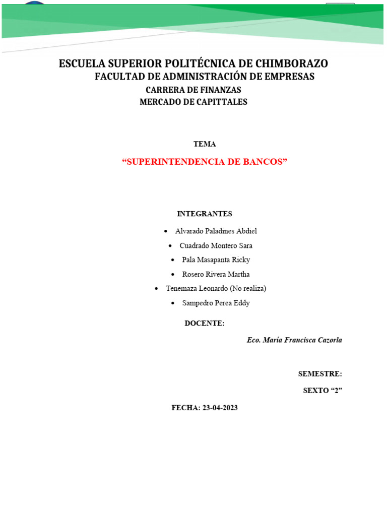 Superintendencia de Bancos - Grupal | PDF | Bancos | Economias
