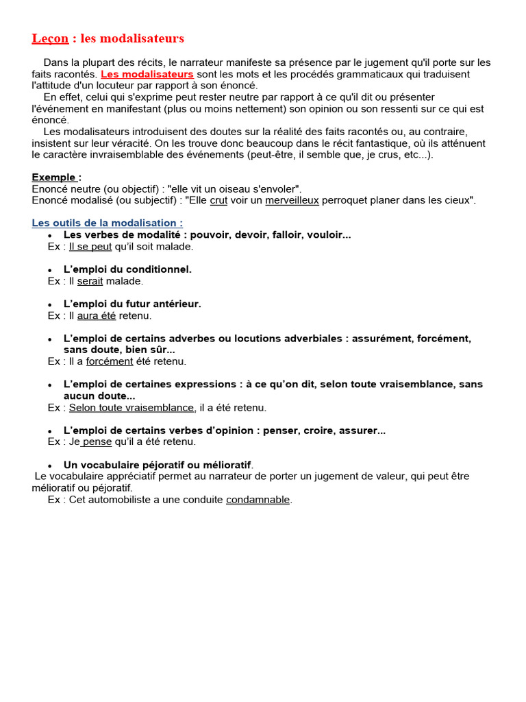 Les modalisateurs en français | PDF | Verbe | Typologie linguistique
