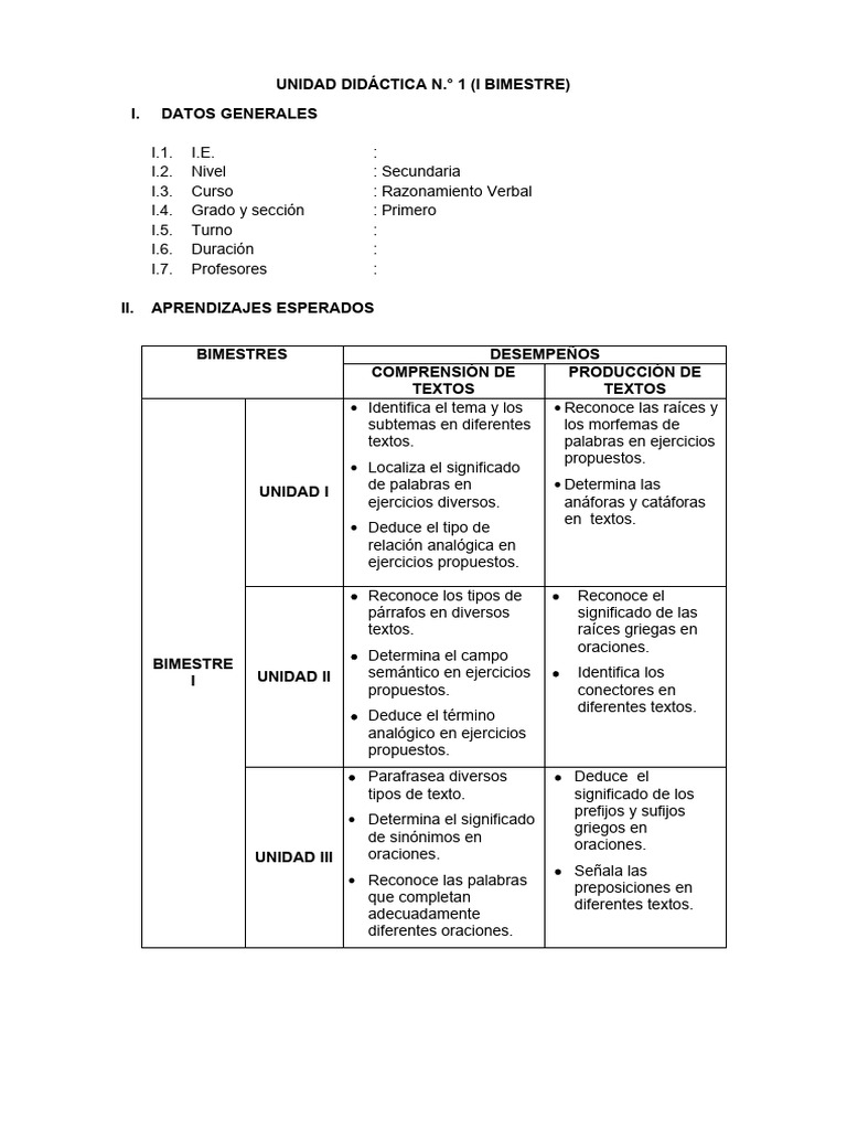 Unidad Didáctica I Bimestre - I Año | PDF | Aprendizaje | Lingüística