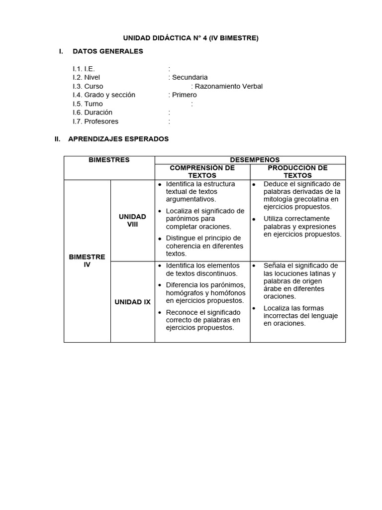 Unidad didáctica IV bimestre - III año | PDF | Cognición | Comunicación humana