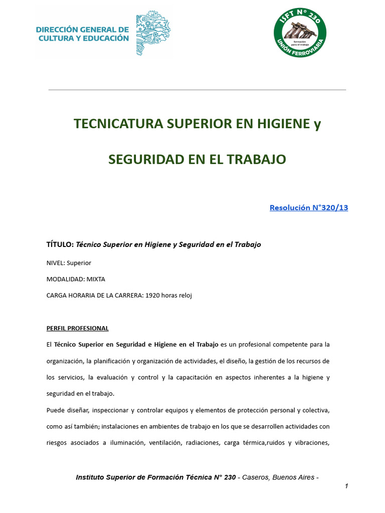 Plan de Estudio - Tecnicatura Superior en Higiene y Seguridad en El Trabajo | PDF | Seguridad y ...