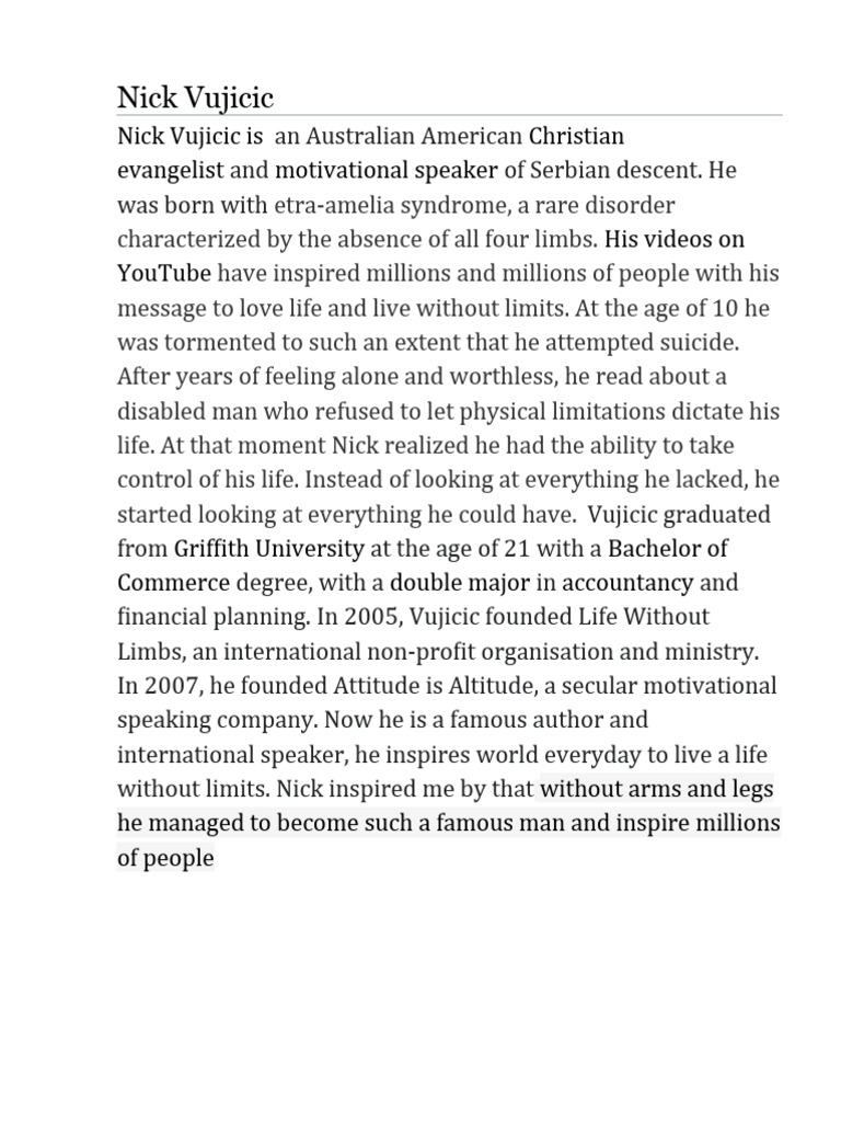 Nick Vujicic: Life Without Limits | PDF