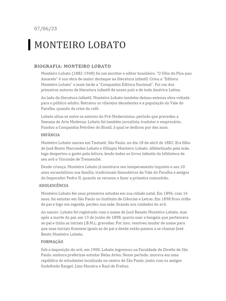 Biografia: Monteiro Lobato | PDF