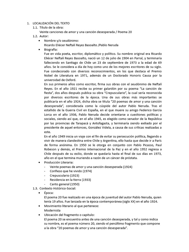 Análisis Del Poema 20 | PDF