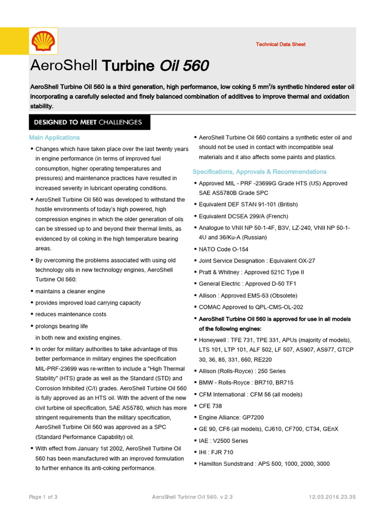 AeroShell Turbine Oil 560 Datasheet | PDF | Motor Oil | Gas Turbine