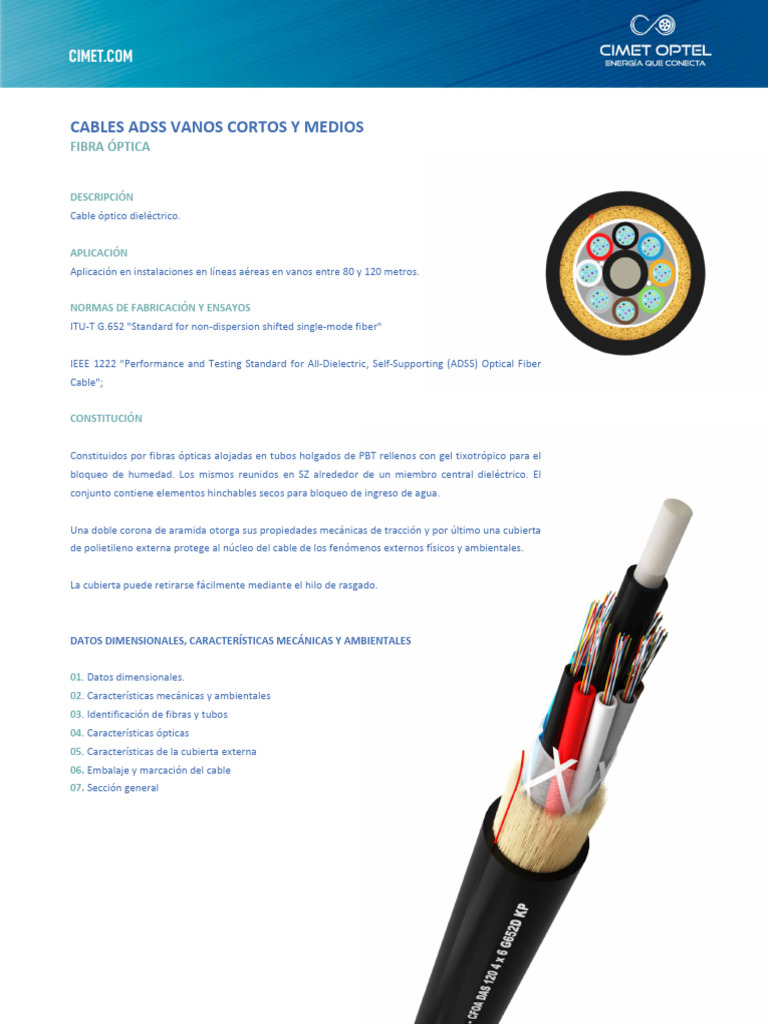 Cimet Optel Hoja Técnica 33 Fibra Óptica Cable ADSS KP Vanos Cortos y Medios Ed 02 IEEE 1222 ...