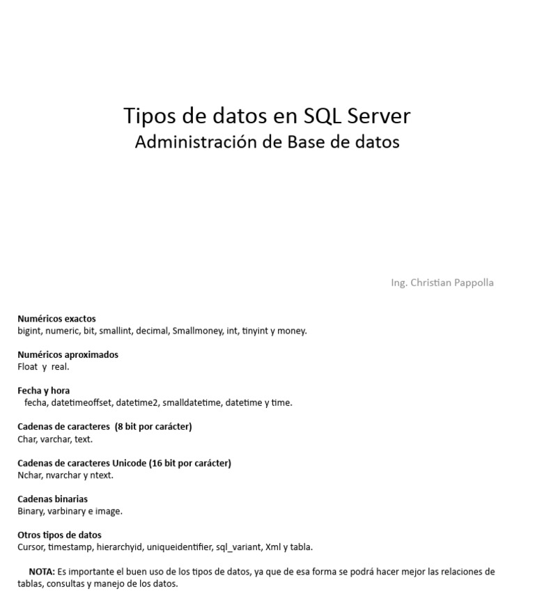 Tipos De Datos En Sql Server Pdf