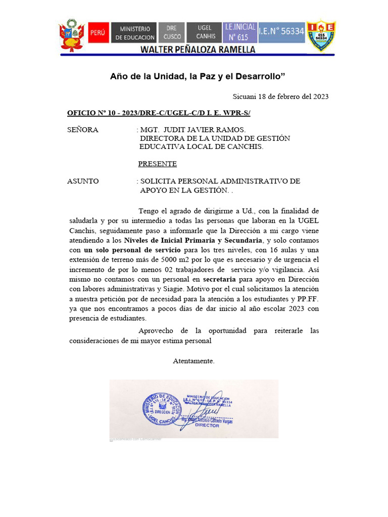Oficio Solicito Personal Administrativo | PDF