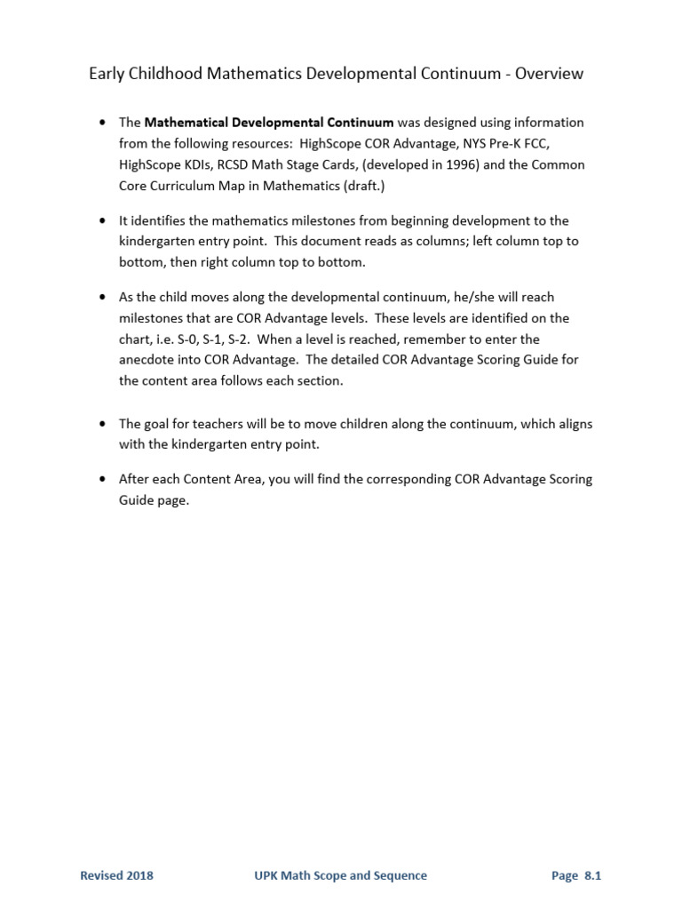 UPK Math Section 8 Early Childhood Math Developmental Continuum | PDF ...