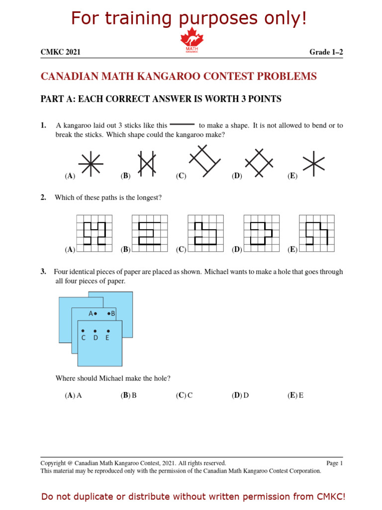 Canadian Math Kangaroo Contest Problems: Part A: Each Correct Answer Is ...