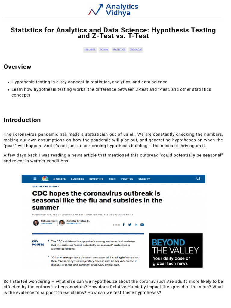 Statistics Analytics Hypothesis Testing Z Test T Test | PDF | P Value ...