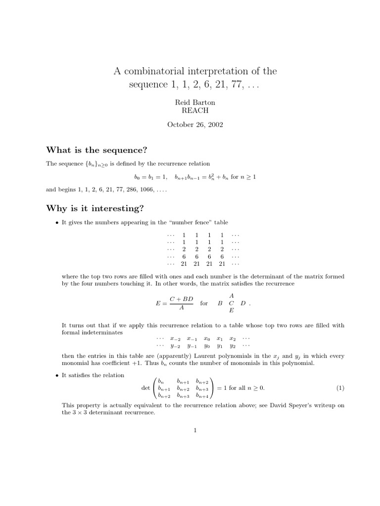 A Combinatorial Interpretation of The Sequence 1, 1, 2, 6, 21, 77 ... A Combinatorial Interpretation of The Sequence 1, 1, 2, 6, 21, 77 ...