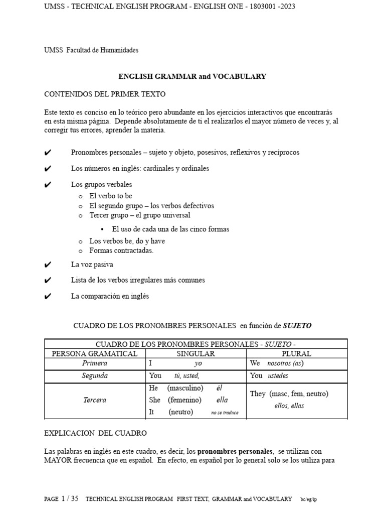 English 1 - Grammar Text | PDF | Pronombre | Verbo