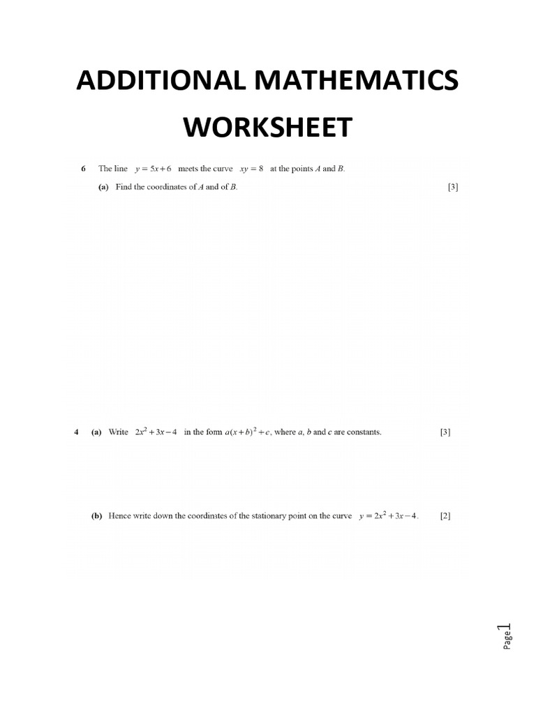 Additional Mathematics Worksheet | PDF