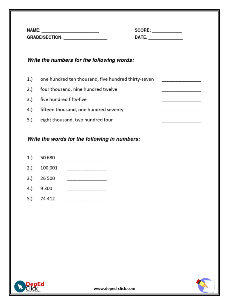 Grade 4 Activity Sheet (Reading and Writing Numbers) Q1 Week 1 | PDF Grade 4 Activity Sheet (Reading and Writing Numbers) Q1 Week 1 | PDF