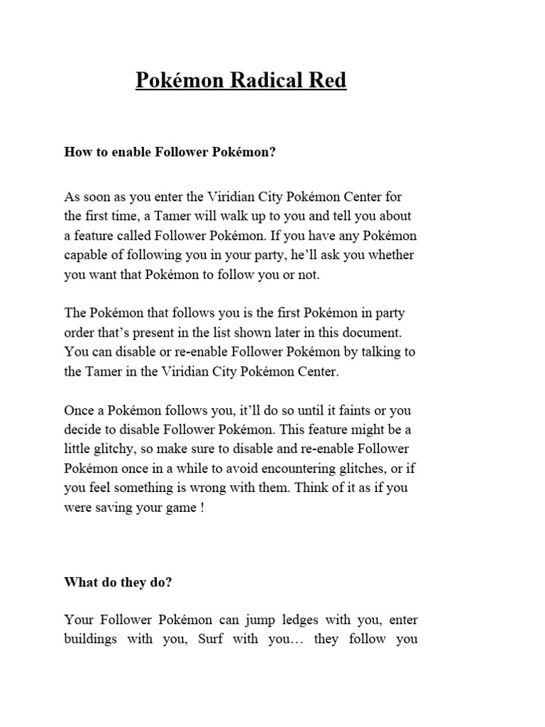 Follower Pokémon Guide v3.1 - Radical Red | PDF | Pokémon | Video Games