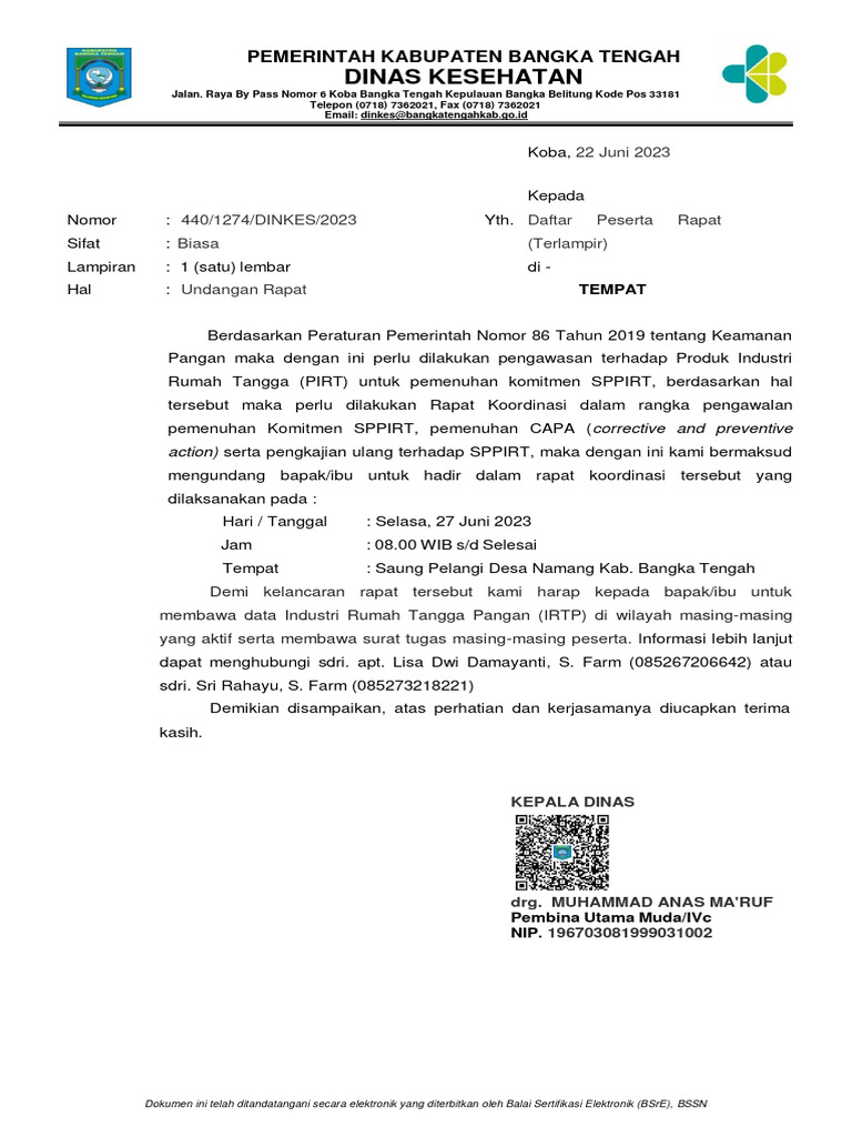 Surat Rapat Koordinasi Pirt | PDF